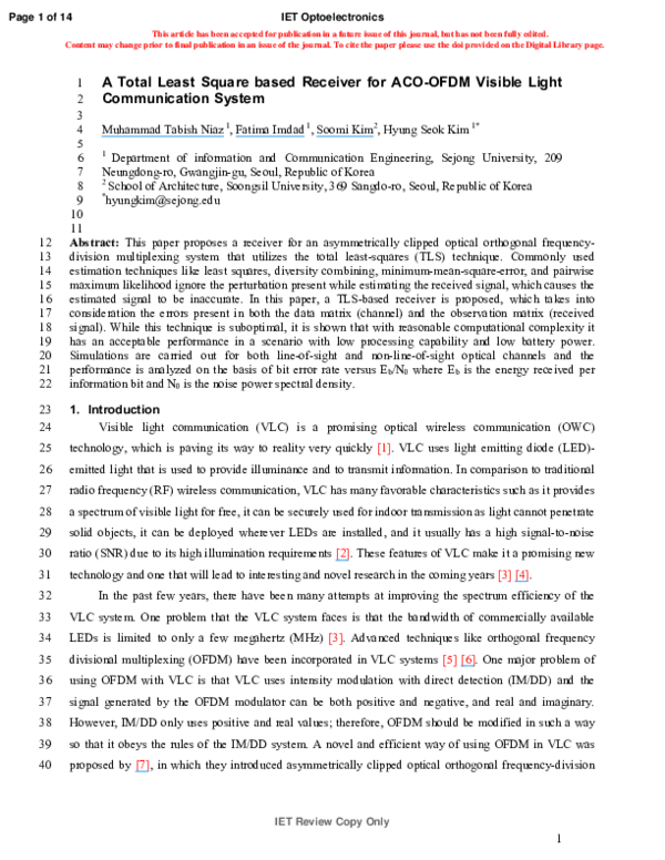 Pdf A Total Least Square Based Receiver For Aco Ofdm Visible Light Communication System