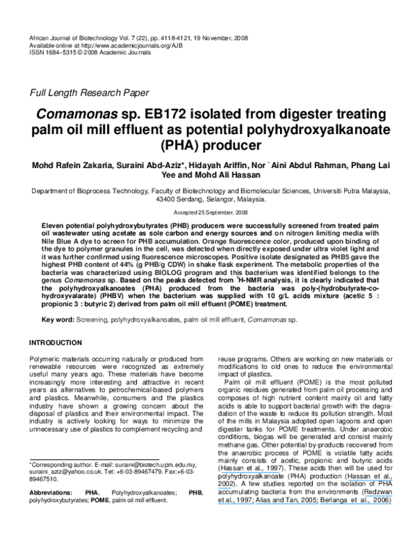 (PDF) Comamonas sp. EB 172 isolated from digester treating palm oil ...