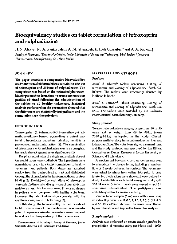 (PDF) Bioequivalency studies on tablet formulation of tetroxoprim and ...