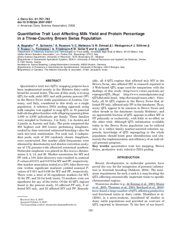 Pdf Quantitative Trait Loci Affecting Milk Yield And Protein