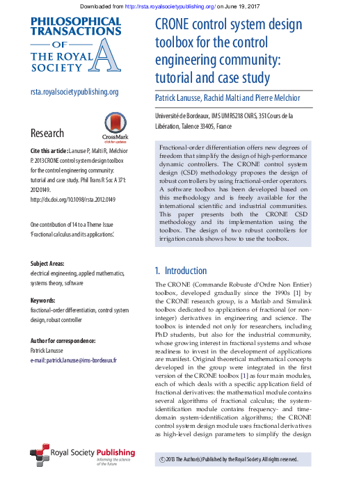 (PDF) CRONE control system design toolbox for the control engineering ...