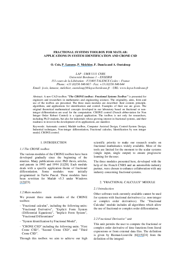 Pdf Fractional Systems Toolbox For Matlab Applications In System