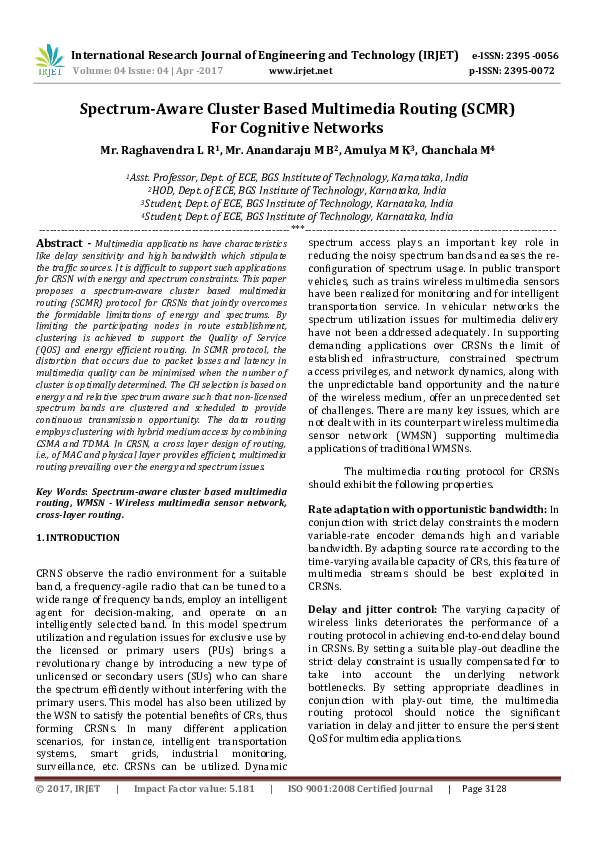 (PDF) Spectrum-Aware Cluster Based Multimedia Routing (SCMR) For Cognitive Networks | IRJET ...