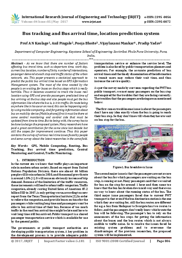 Pdf Bus Tracking And Bus Arrival Time Location Prediction System