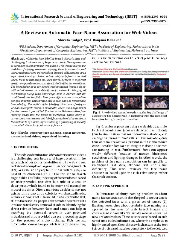 (PDF) A Review on Automatic Face-Name Association for Web Videos