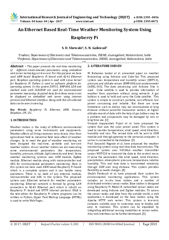 Pdf An Ethernet Based Real Time Weather Monitoring System Using Raspberry Pi