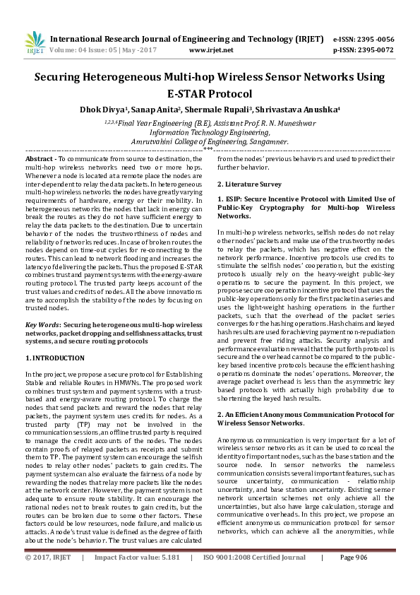 Pdf Securing Heterogeneous Multi Hop Wireless Sensor Networks Using E Star Protocol