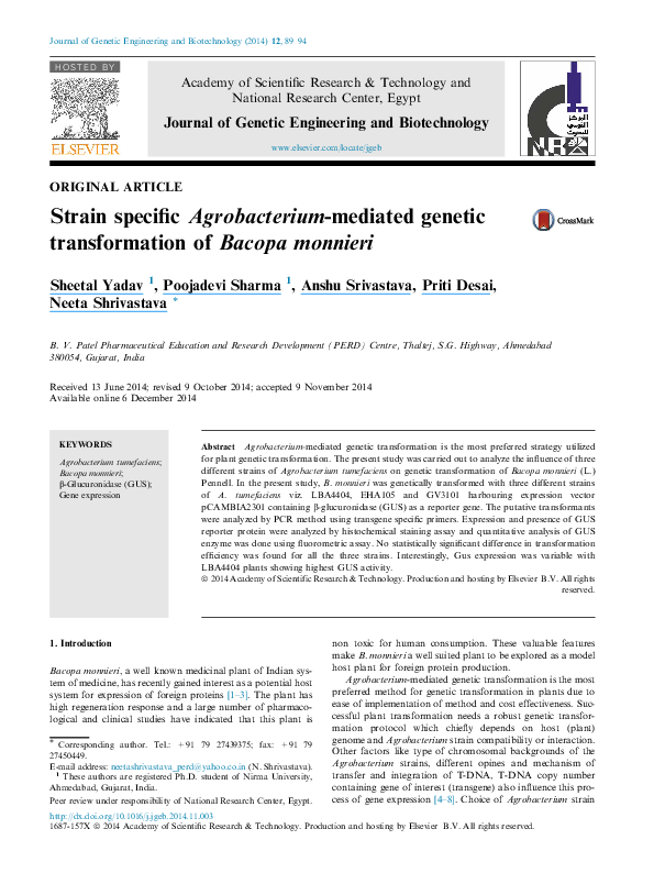 (PDF) Strain specific Agrobacterium-mediated genetic transformation of Bacopa monnieri