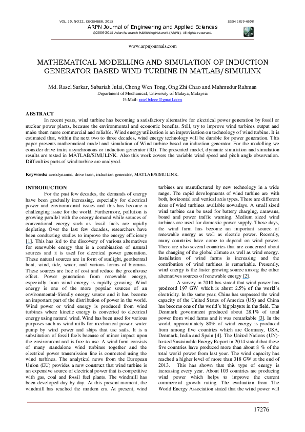 Pdf Mathematical Modelling And Simulation Of Induction Generator