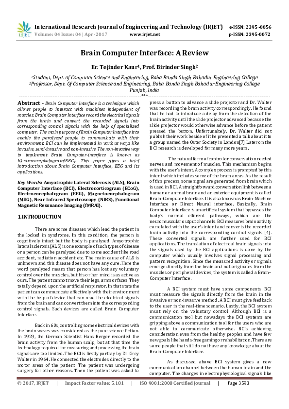 (PDF) Brain Computer Interface: A Review