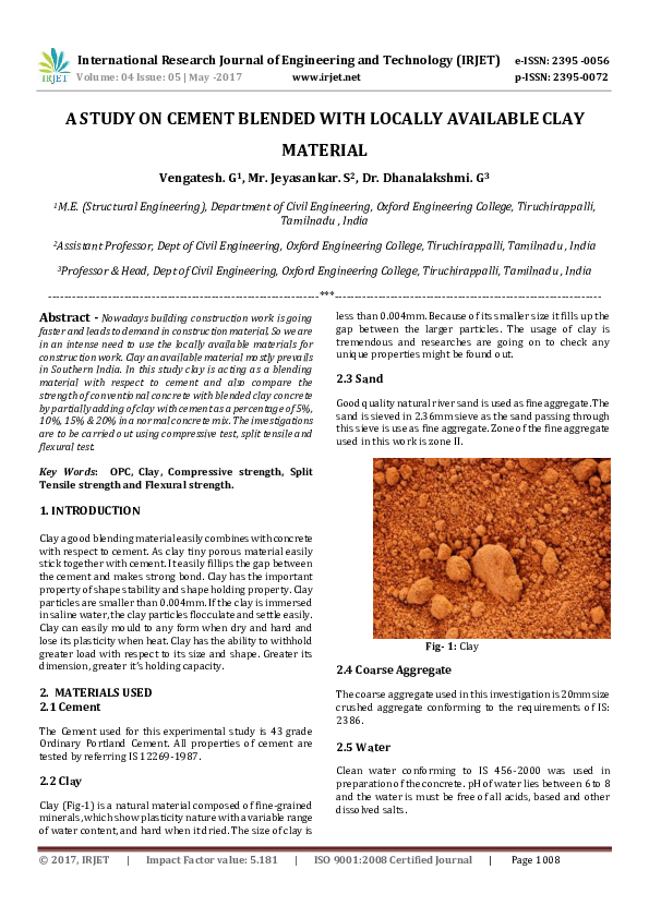 (PDF) A Study on Cement Blended with Locally Available Clay Material