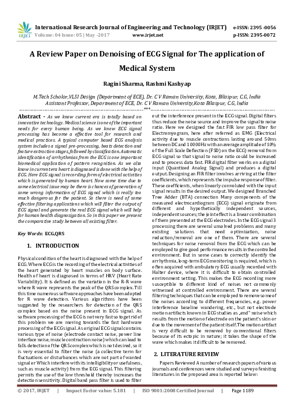(PDF) A Review Paper on Denoising of ECG Signal for The application of ...