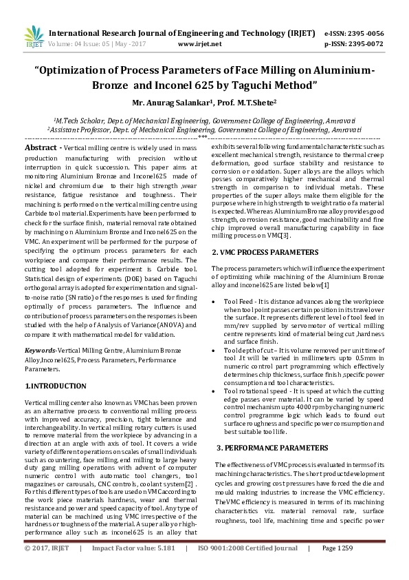 (PDF) Optimization of Process Parameters of Face Milling on Aluminium-Bronze and Inconel 625 by ...