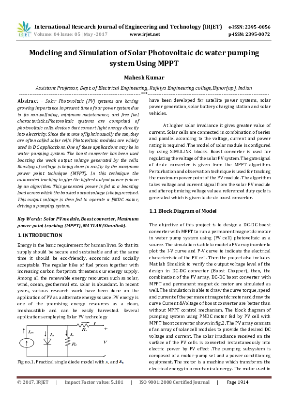 (PDF) Modeling and Simulation of Solar Photovoltaic dc water pumping system Using MPPT