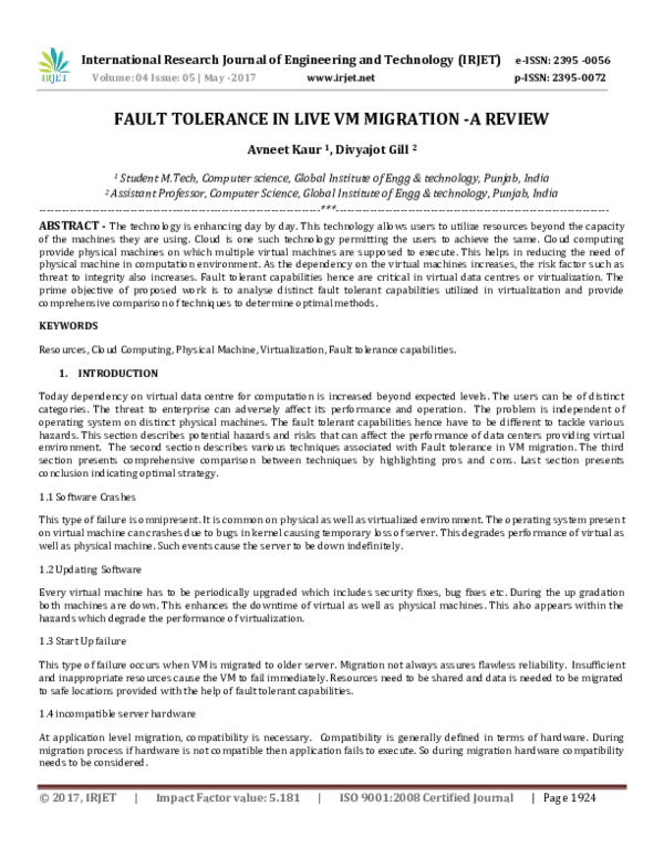 (PDF) FAULT TOLERANCE IN LIVE VM MIGRATION -A REVIEW