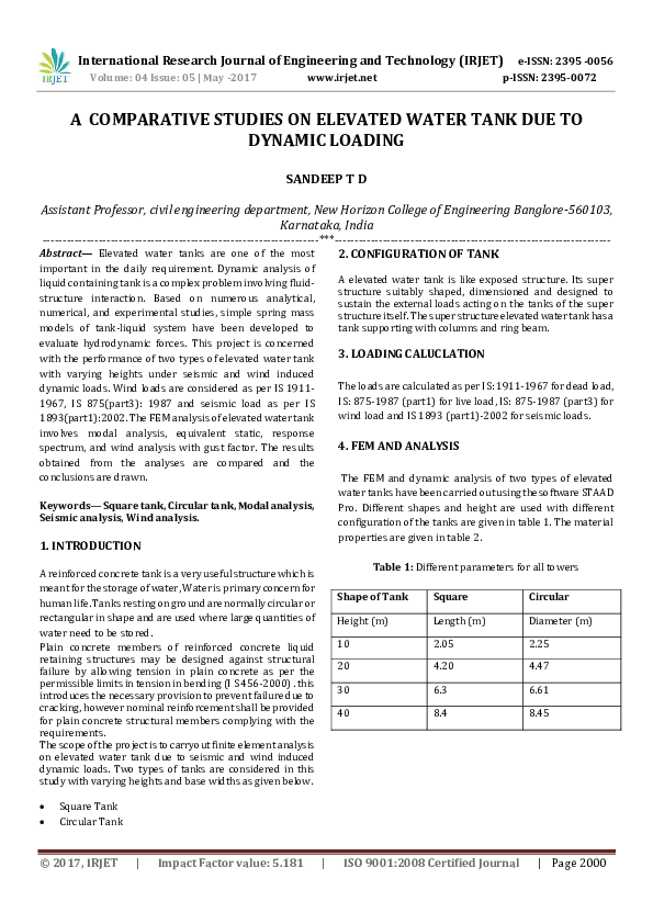 (PDF) A COMPARATIVE STUDIES ON ELEVATED WATER TANK DUE TO DYNAMIC LOADING