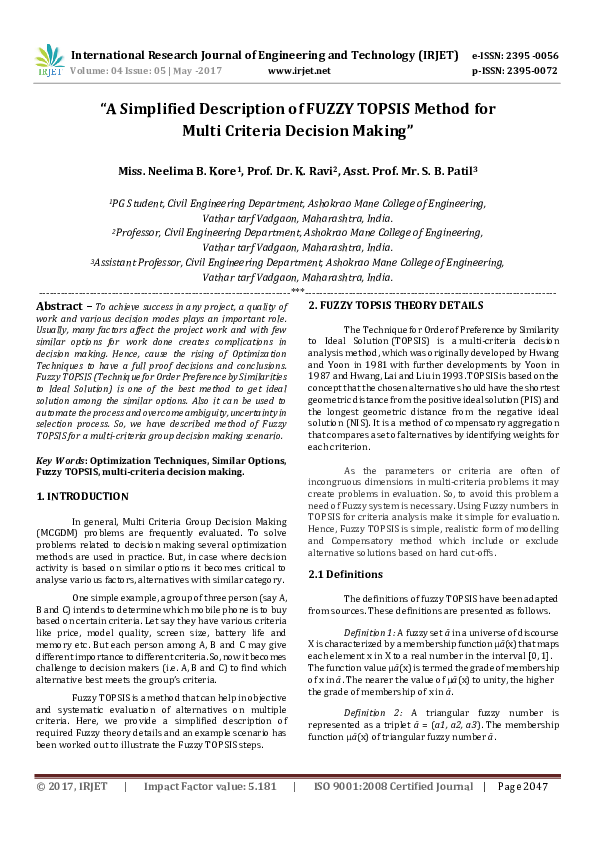 Pdf A Simplified Description Of Fuzzy Topsis Method For Multi Criteria Decision Making