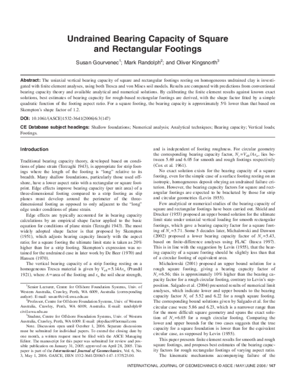 (PDF) Undrained Bearing Capacity of Square and Rectangular Footings