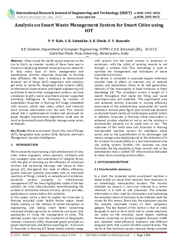 (PDF) Analysis on Smart Waste Management System for Smart Cities using IOT