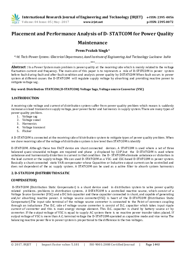 (PDF) Placement and Performance Analysis of D-STATCOM for Power Quality Maintenance