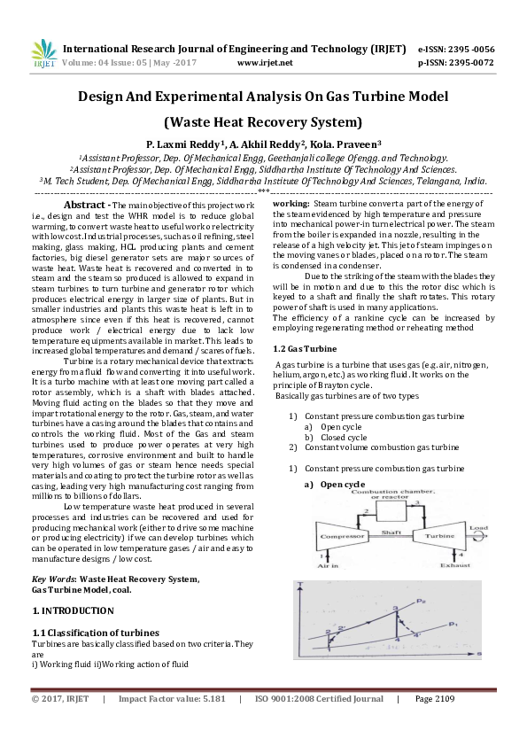 (PDF) Design And Experimental Analysis On Gas Turbine Model (Waste Heat ...