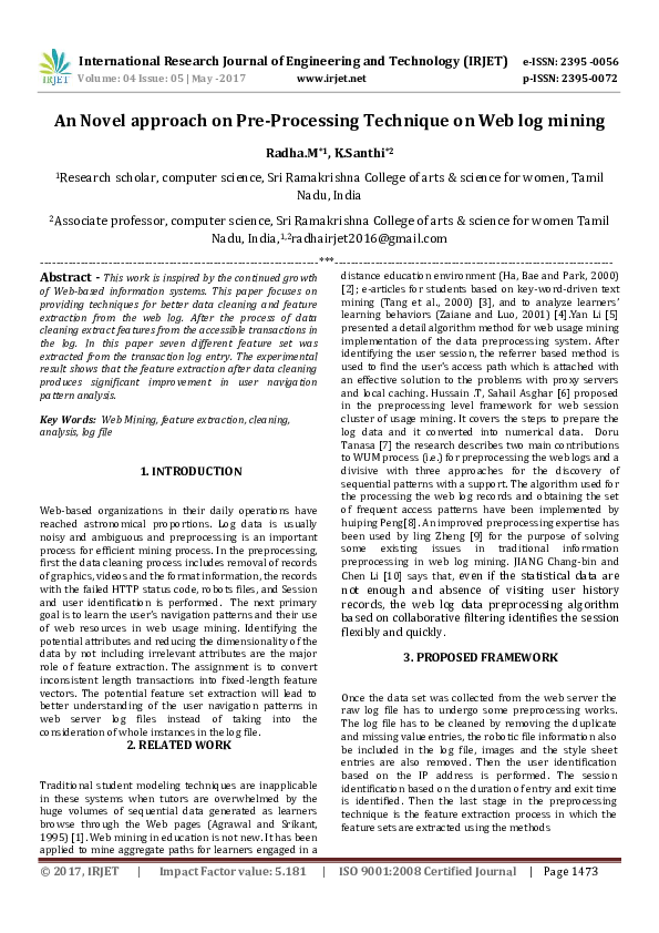 (PDF) An Novel approach on Pre-Processing Technique on Web log mining