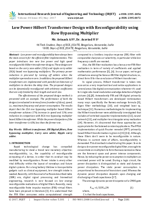 (PDF) Low Power Hilbert Transformer Design with Reconfigurability using Row Bypassing Multiplier