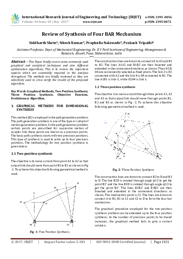 (PDF) Review of Synthesis of Four BAR Mechanism