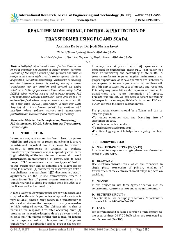 (PDF) REAL-TIME MONITORING, CONTROL & PROTECTION OF TRANSFORMER USING PLC AND SCADA
