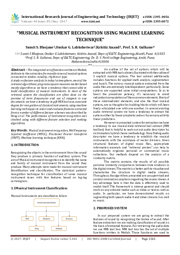 (PDF) " MUSICAL INSTRUMENT RECOGNITION USING MACHINE LEARNING TECHNIQUE