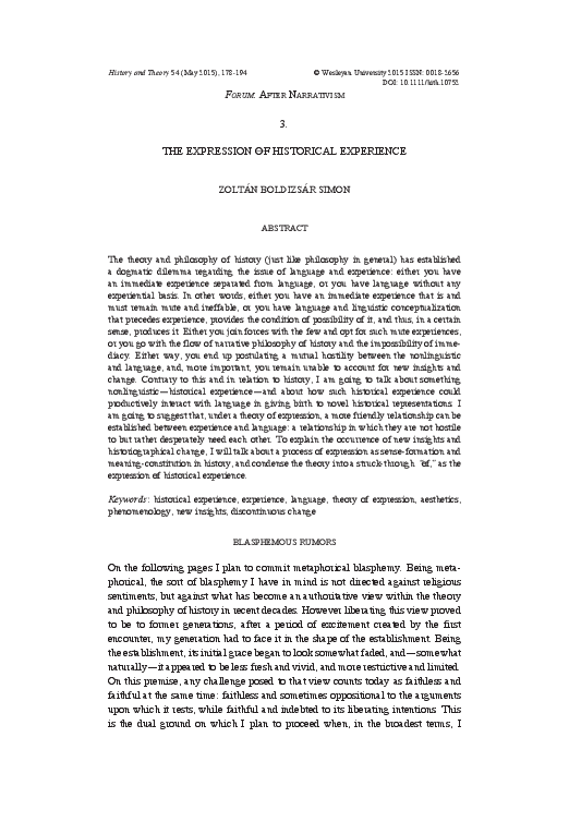 (PDF) The Expression of Historical Experience, History and Theory 54:2 ...