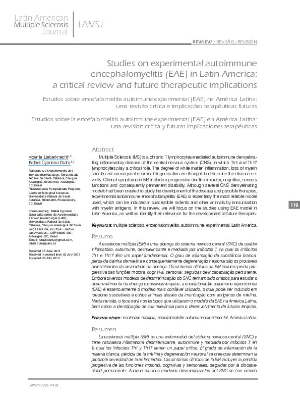 (PDF) Studies on experimental autoimmune encephalomyelitis (EAE) in ...
