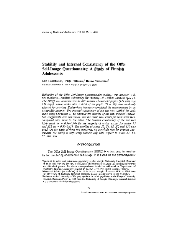 (PDF) Stability and Internal Consistency of the Offer Self-Image ...