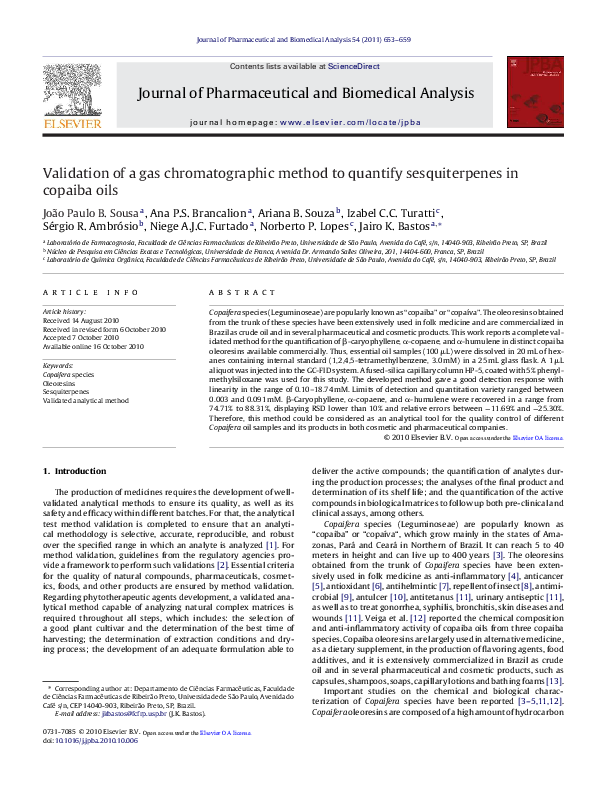 Pdf Validation Of A Gas Chromatographic Method To Quantify Sesquiterpenes In Copaiba Oils