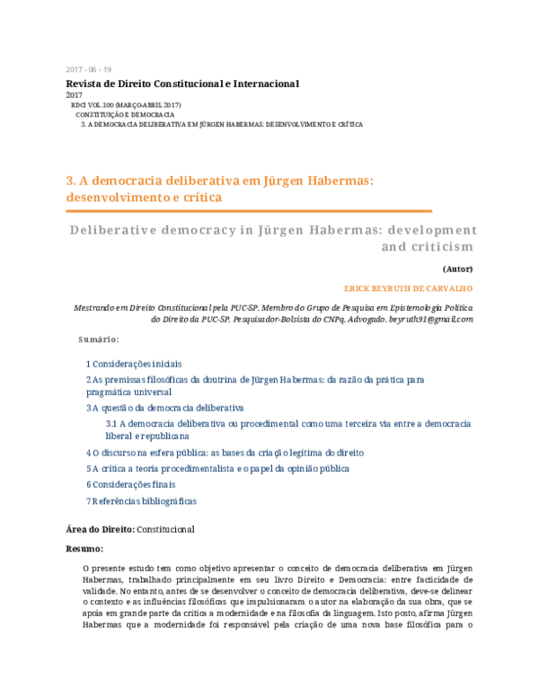 (PDF) A democracia deliberativa em Jürgen Habermas: desenvolvimento e crítica
