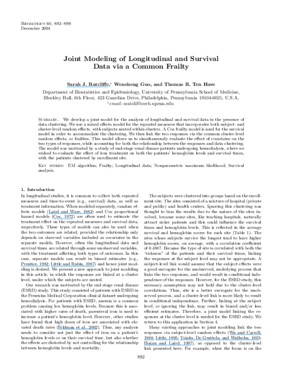 (PDF) Joint Modeling of Longitudinal and Survival Data via a Common Frailty