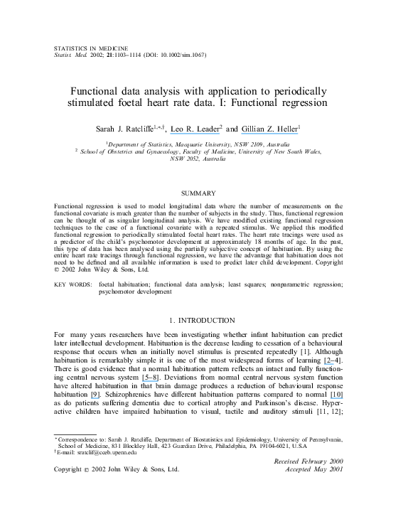 (PDF) Functional data analysis with application to periodically stimulated foetal heart rate ...
