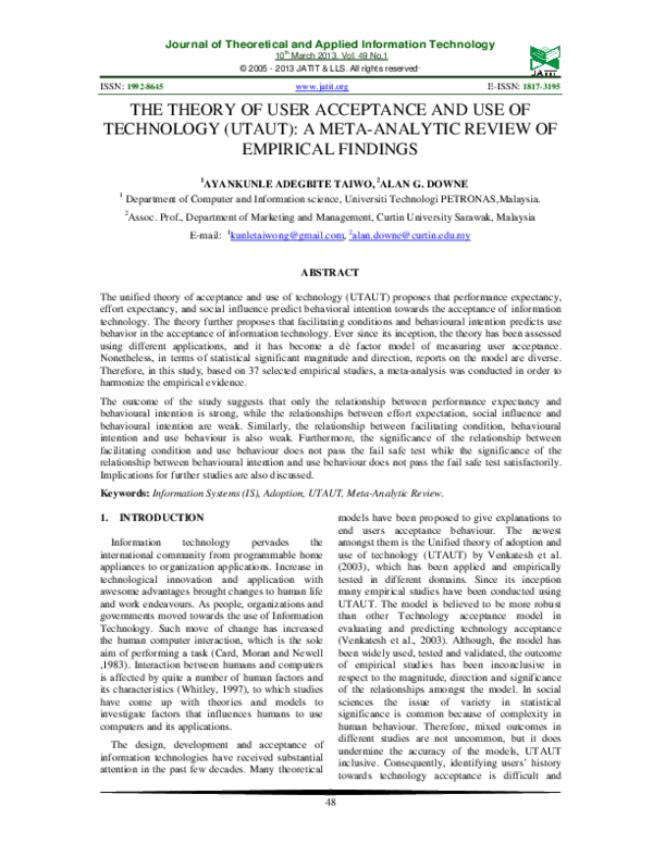 Pdf The Theory Of User Acceptance And Use Of Technology Utaut A Meta Analytic Review Of