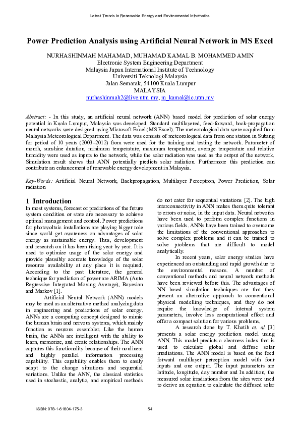 (PDF) Power Prediction Analysis using Artificial Neural Network in MS Excel