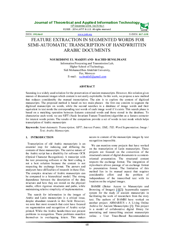 Pdf Feature Extraction In Segmented Words For Semi Automatic Transcription Of Handwritten