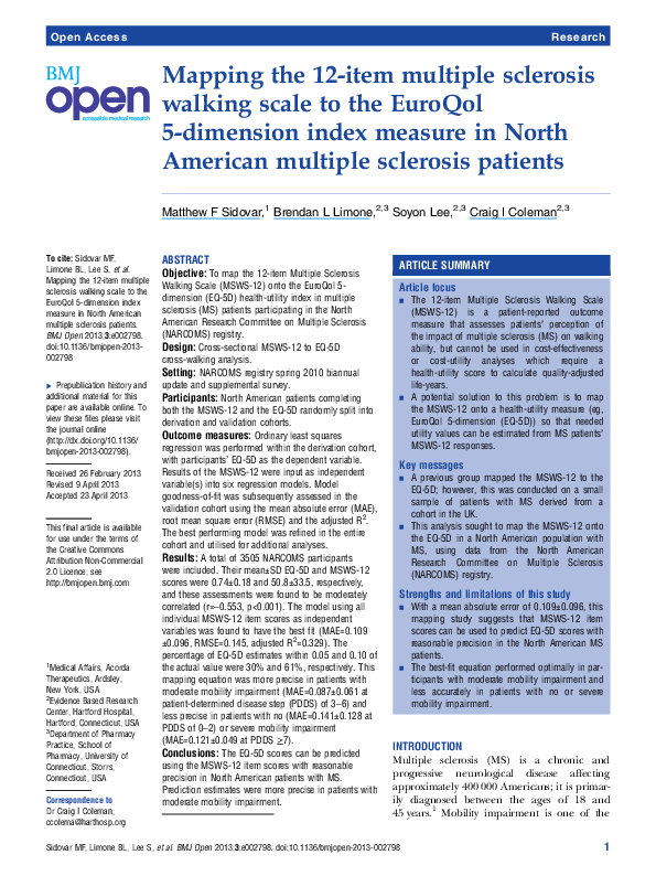 (PDF) Mapping the 12-item multiple sclerosis walking scale to the ...