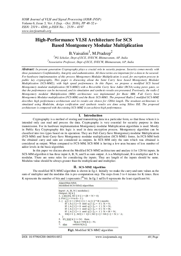 Doc High Performance Vlsi Architecture For Scs Based Montgomery Modular Multiplication