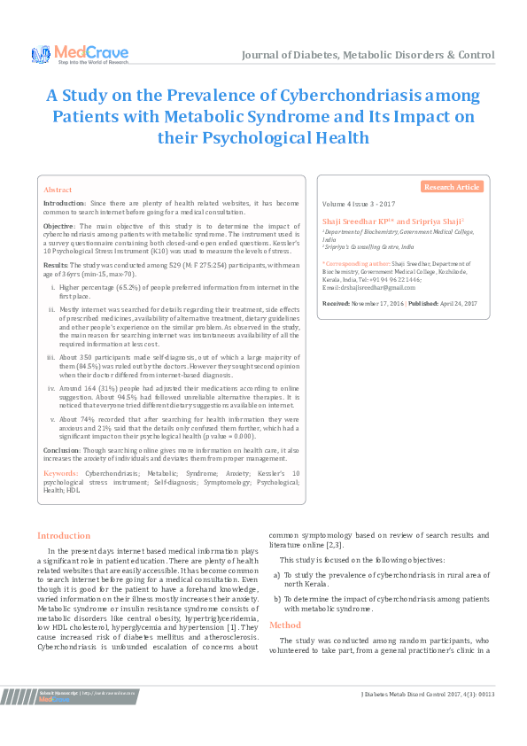 (PDF) A Study on the Prevalence of Cyberchondriasis among Patients with ...