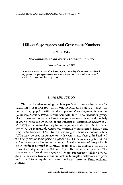 (PDF) Hilbert superspaces and Grassmann numbers | Jose W F Valle ...