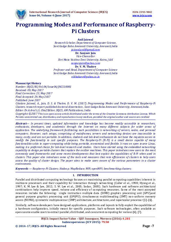 (PDF) Programming Modes and Performance of Raspberry- Pi Clusters