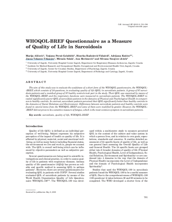 (PDF) WHOQOL-bREF questionnaire as a measure of quality of life in ...