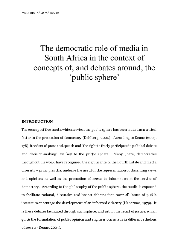 (PDF) The democratic role of media in South Africa and debates around ...