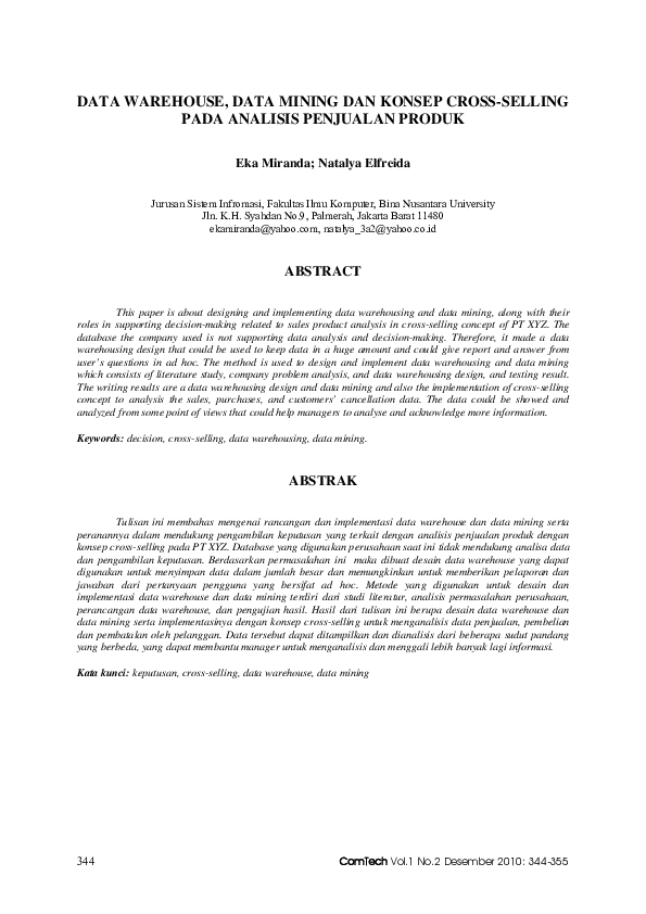 (PDF) DATA WAREHOUSE, DATA MINING DAN KONSEP CROSS-SELLING PADA ANALISIS PENJUALAN PRODUK