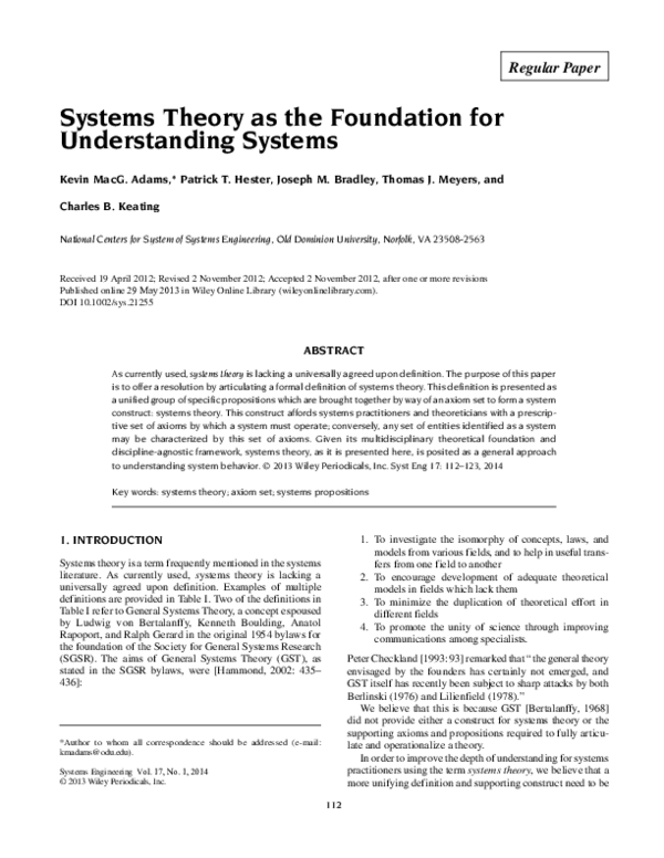 (PDF) Systems Theory as the Foundation for Understanding Systems
