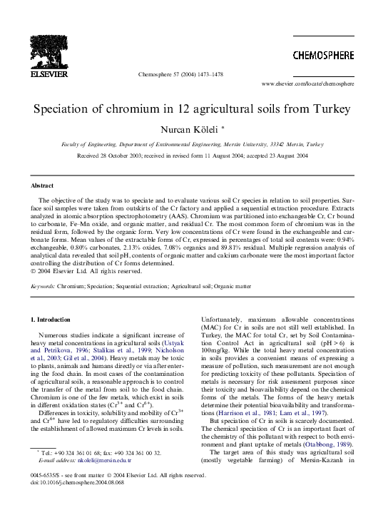 (PDF) Speciation of chromium in 12 agricultural soils from Turkey